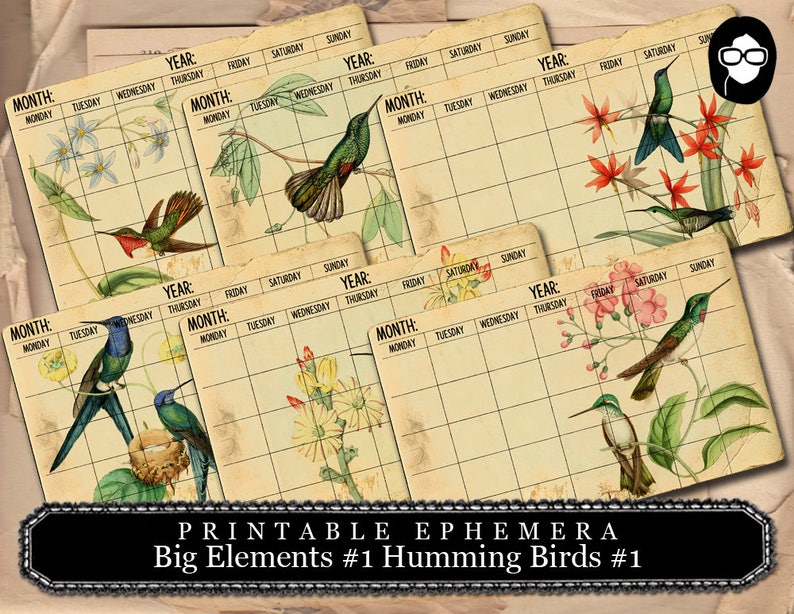 Printable Calendar - Big Elements #1 Hummingbird Calendar #1 - 3 Pg ...