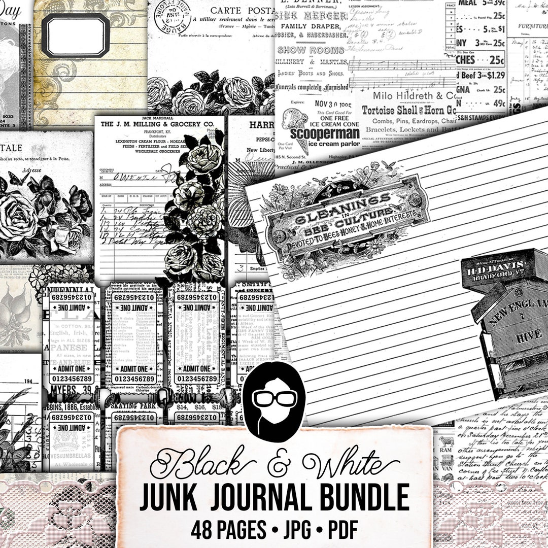 Ink Saver, Black And White, Junk Journal Diy Kit -48pg Digital Download