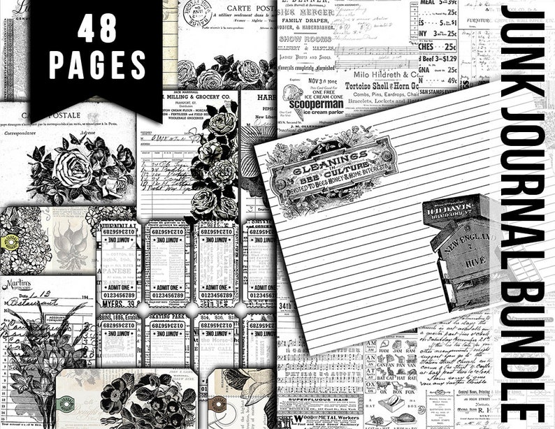 Ink Saver Black And White Junk Journal Diy Kit 48pg Digital - Etsy