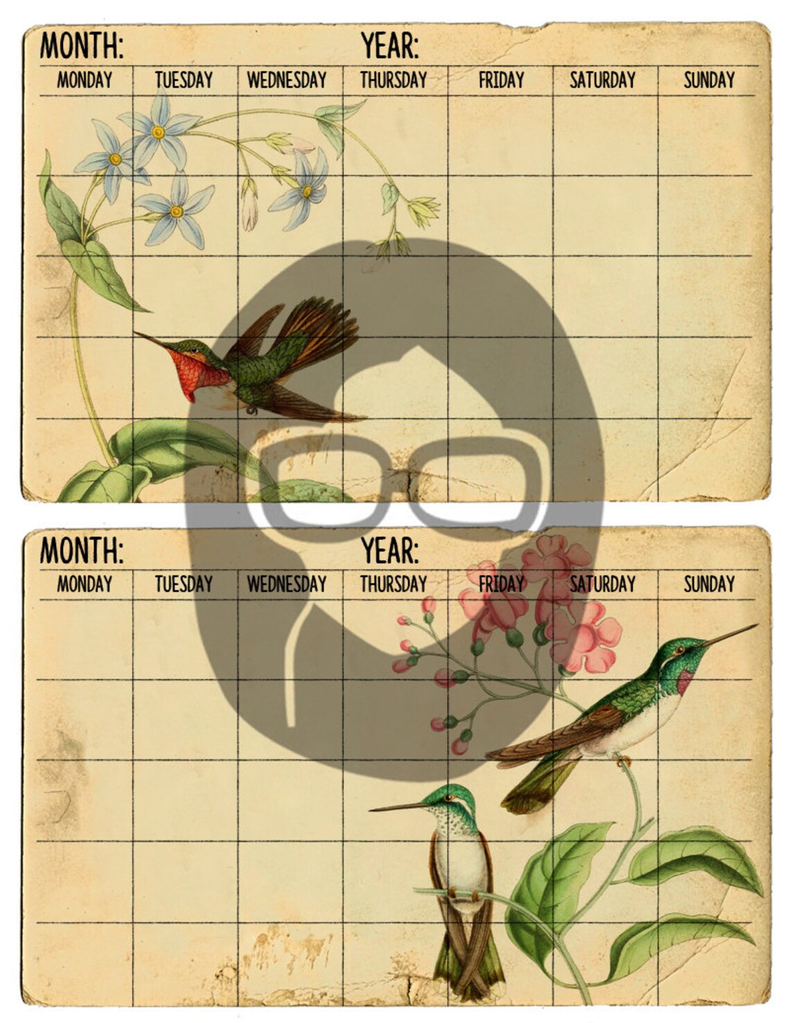 Printable Calendar Big Elements 1 Hummingbird Calendar 1 | Etsy