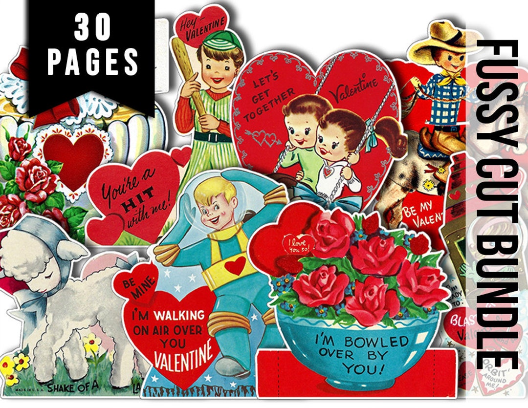 Retro Valentine's Day Cards, Ephemera Fussy Cuts -30pg Digital Download ...