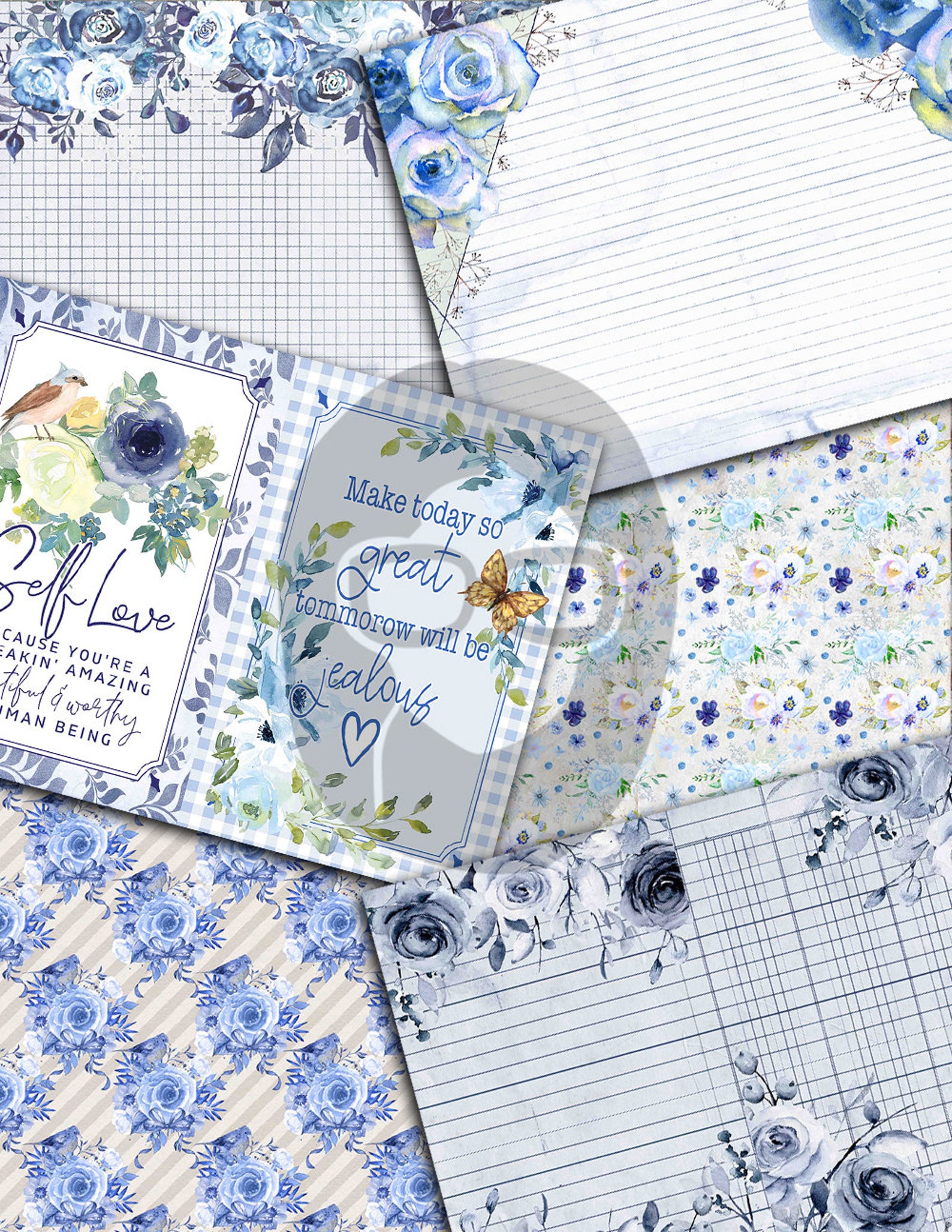 Blue Digital Paper Printable Journal Bundle 40pg Digital - Etsy