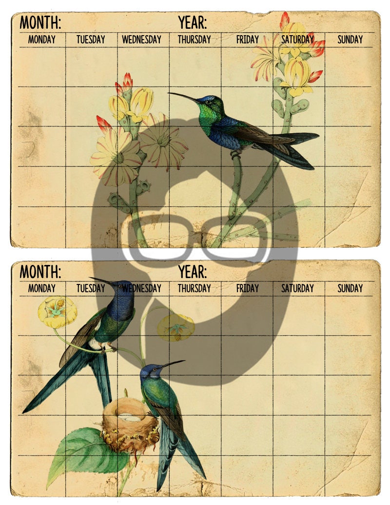 Printable Calendar - Big Elements #1 Hummingbird Calendar #1 - 3 Pg ...