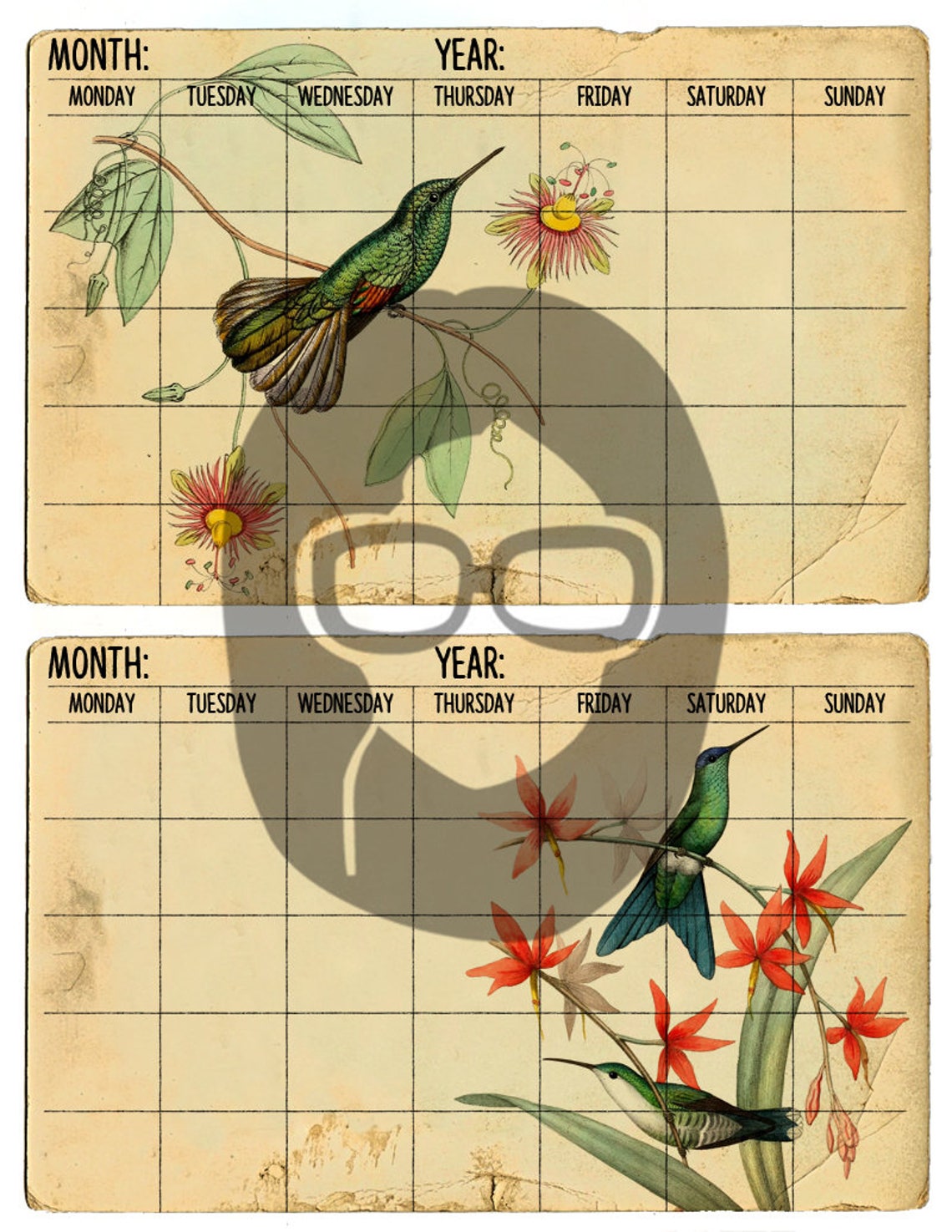 Printable Calendar - Big Elements #1 Hummingbird Calendar #1 - 3 Pg ...