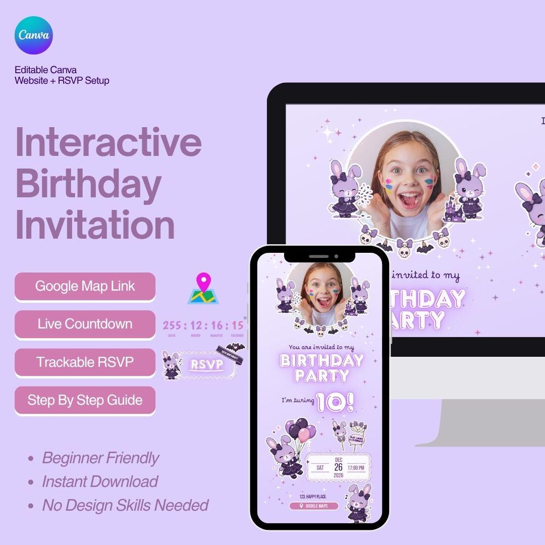 Interactive Birthday Invitation Canva Template | Purple Bunny Theme ...