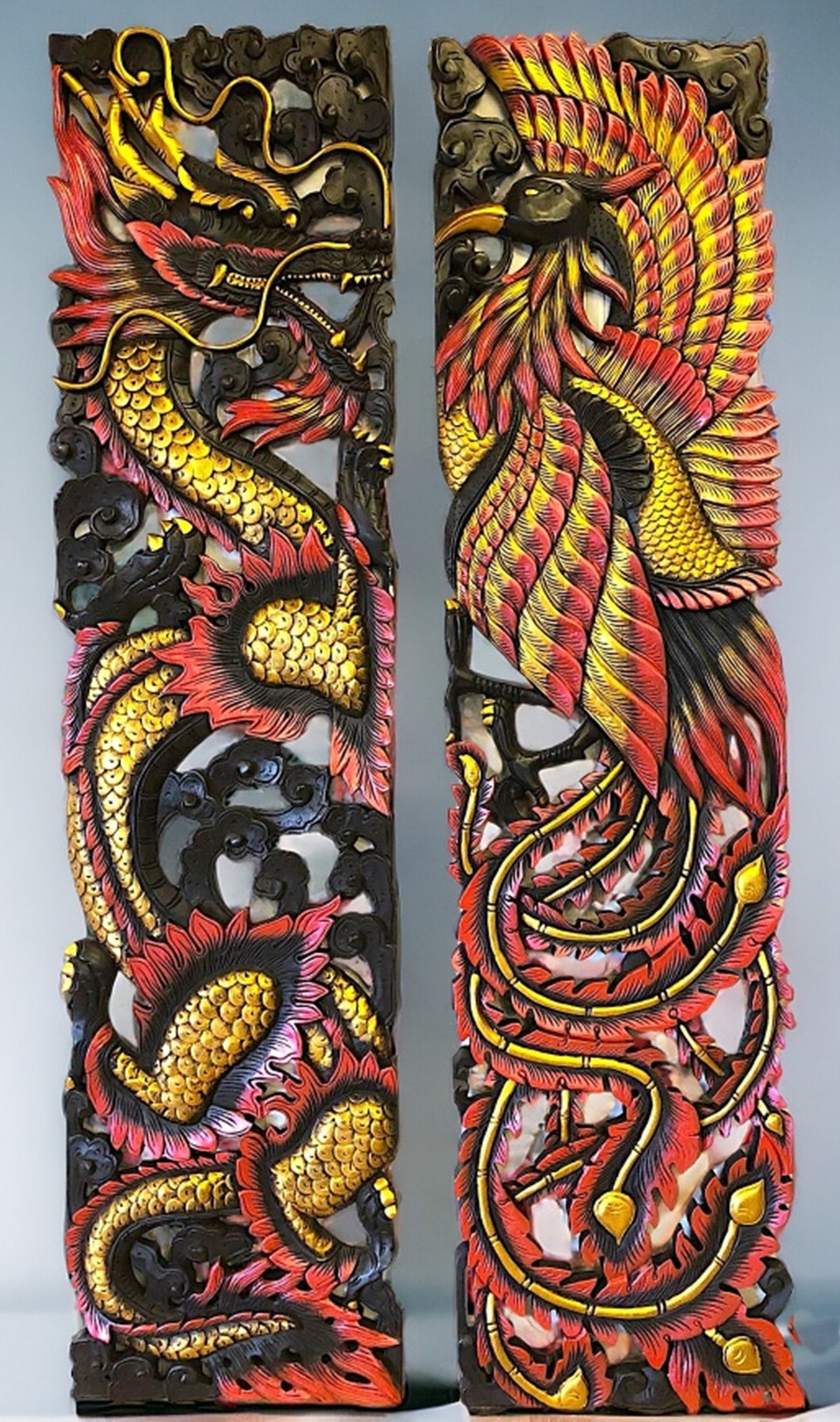 Large Dragon Phoenix Wood Carving Wall Hanging Teak Natural Wood Carved ...