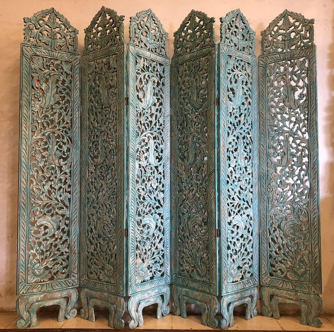 Carved Wood Room Divider Free Standing Folding Screen Floral Wood Panel ...