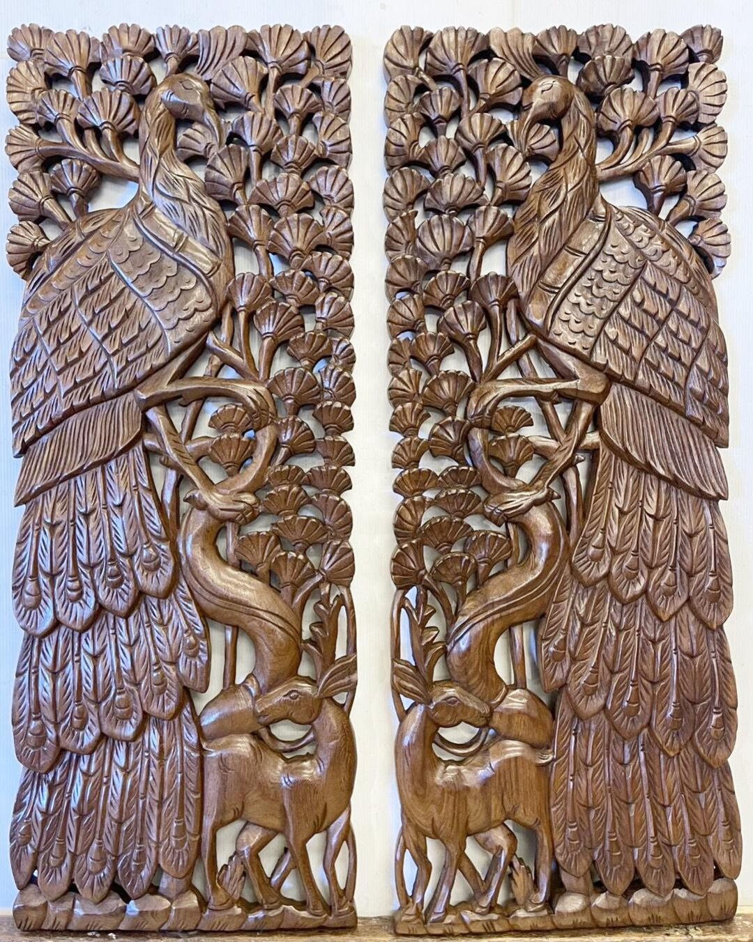 Wood Carved Peacock Panel, Wood Carved Bird Panel, Carved Wood Wall ...