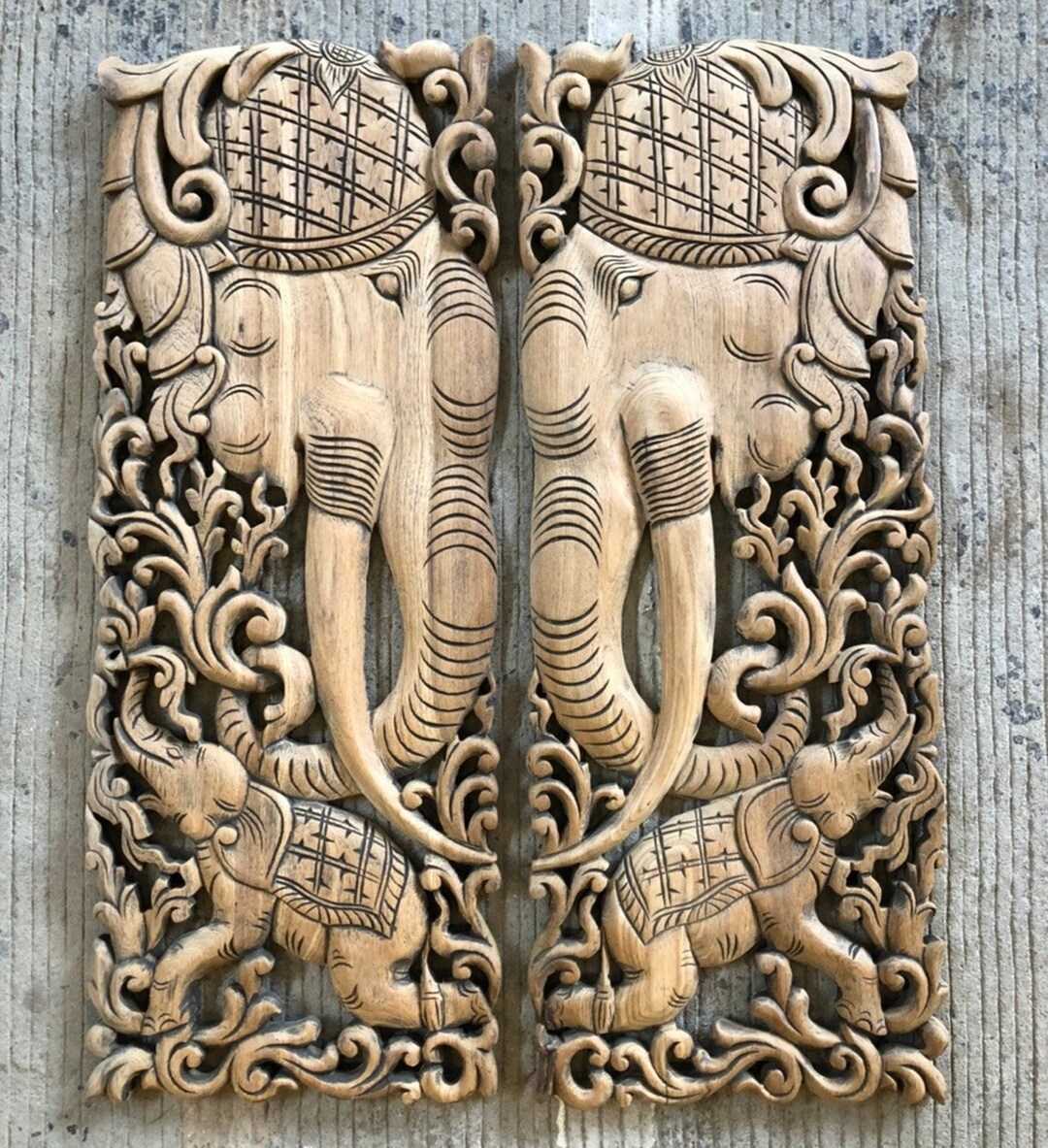 Carved Wood Elephant Set of 2, Elephant Wood Panel Mother Son, Elephant ...
