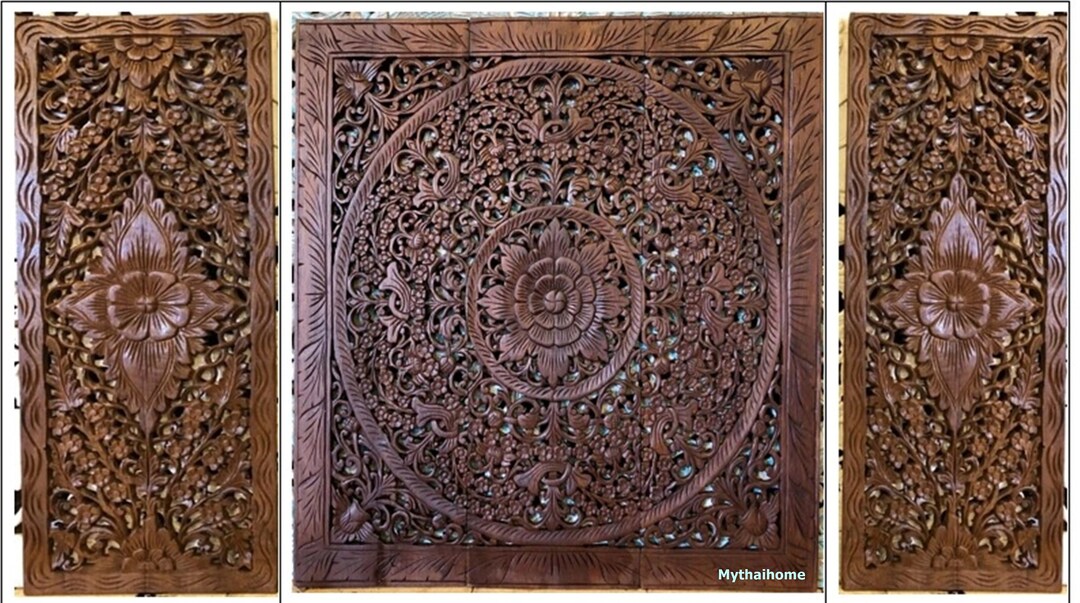 Set of Brown Mandala Wood Carving Panel 36 X 64 Wall Art Hanging Wooden ...