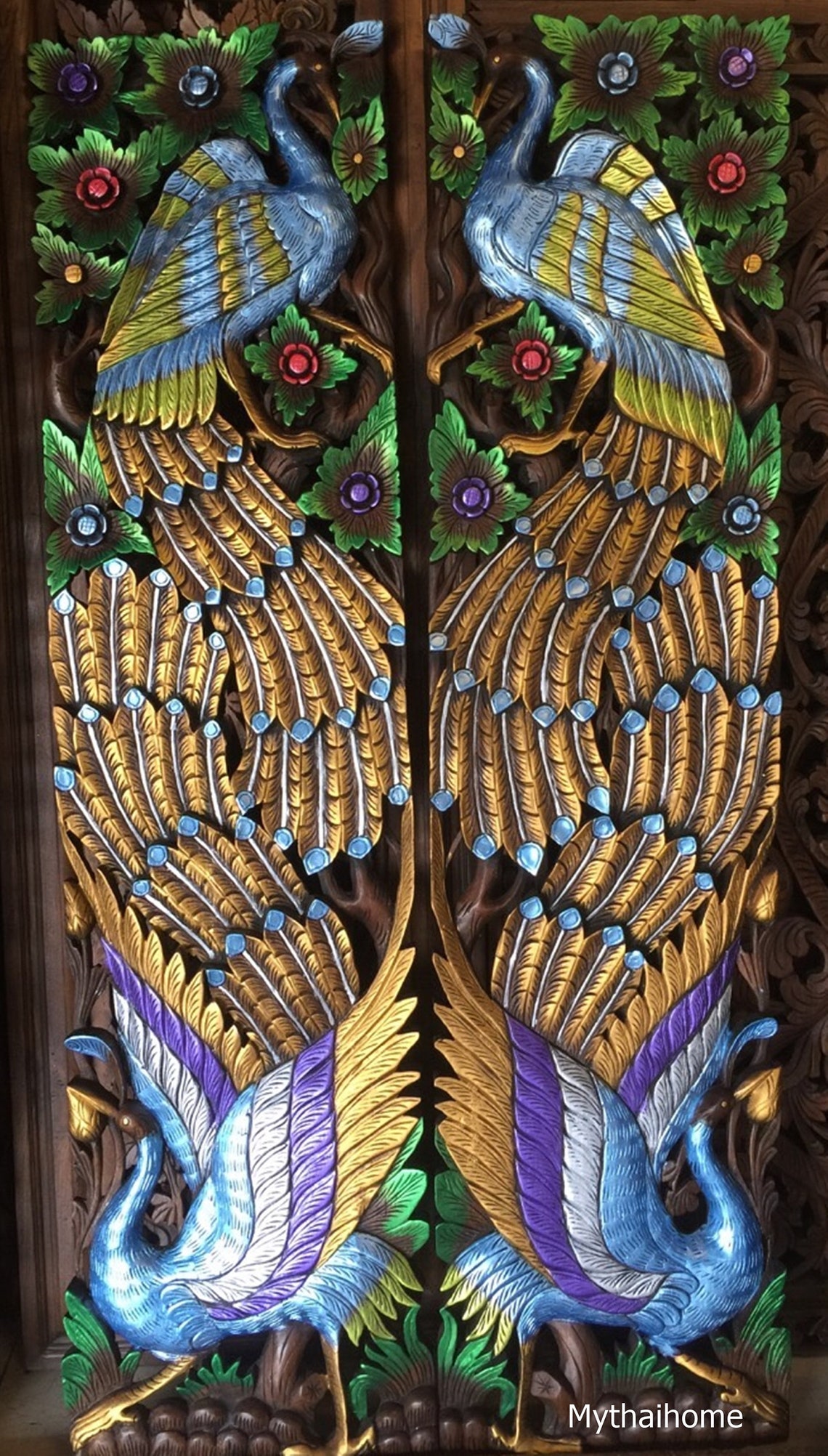 Wall Hanging Wood Carved Peacock Birds Headboard Teak Wall Art 2 Panel ...