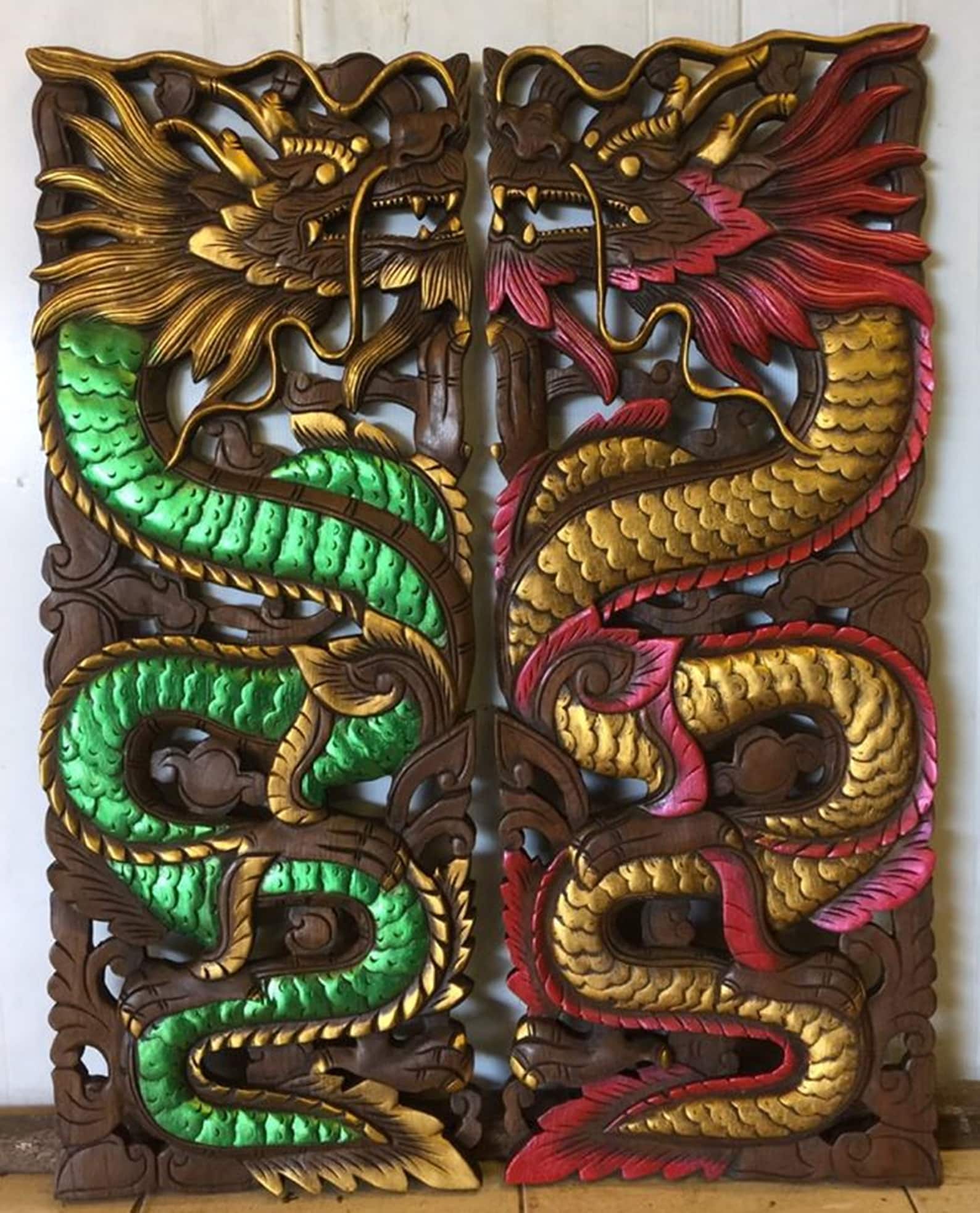 Pair Dragon Wood Carving Wall Art Hanging Teak Natural Wood - Etsy