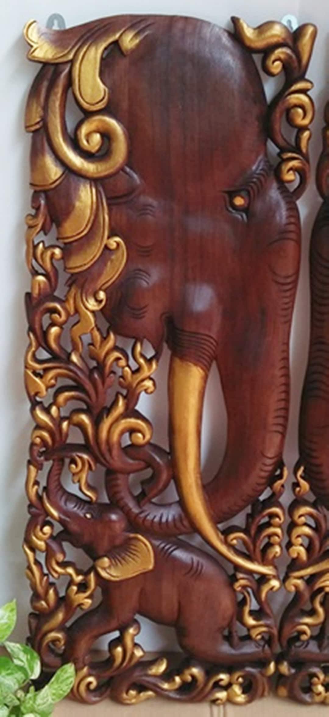 Thai Elephant Wood Wall Art Panel Hanging 35cm X 90cm, Rustic Teak ...