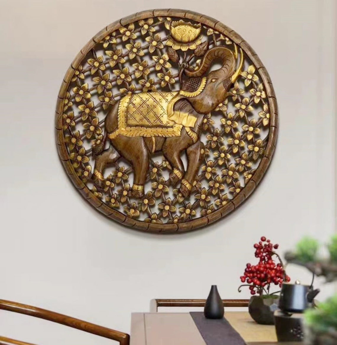 Round Elephant Wall Art Panel Natural Large Wood Carved Lotus - Etsy