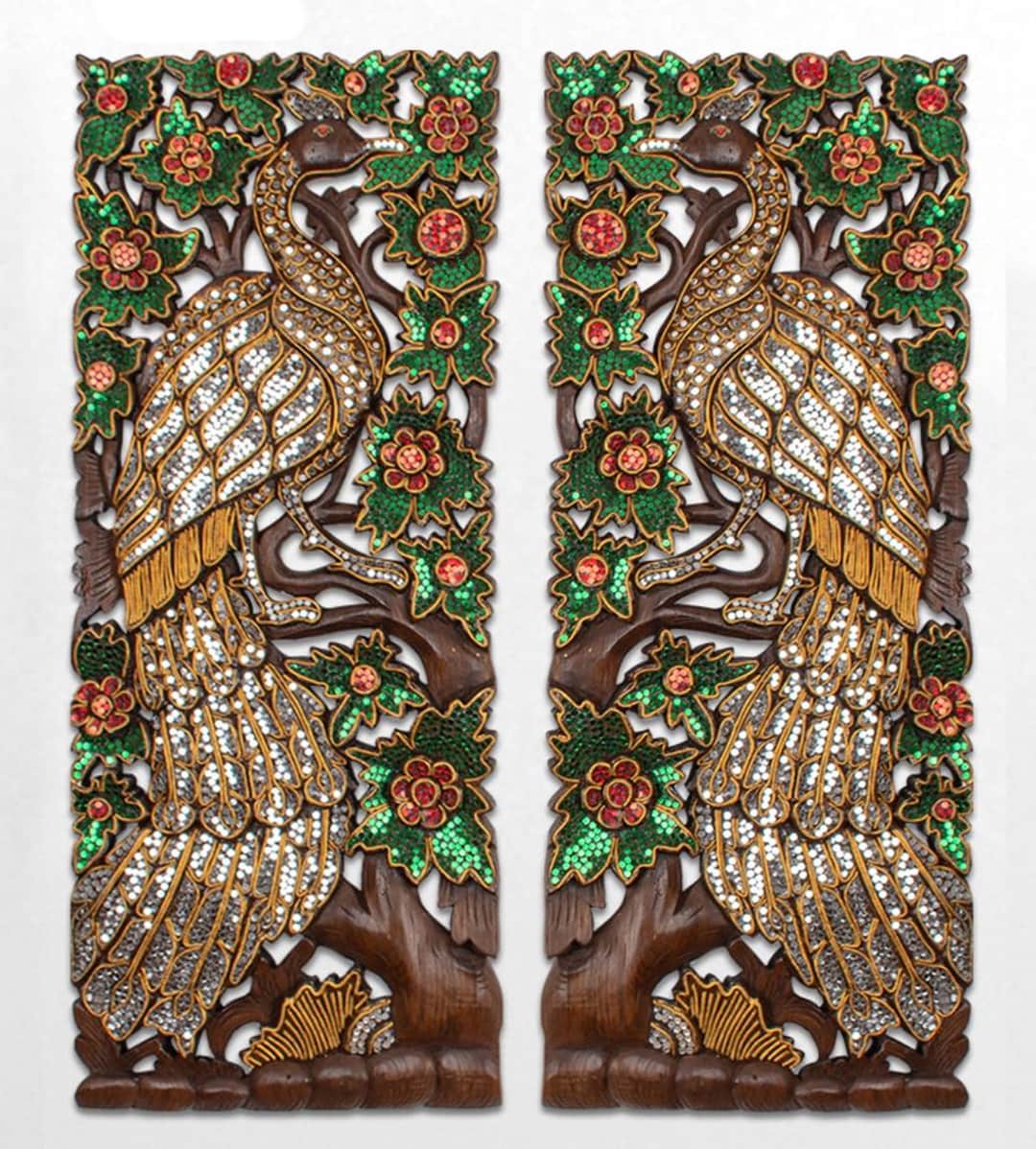 Peacock Wood Carving Panel,wood Carved Birds Panel,carved Wood Wall ...