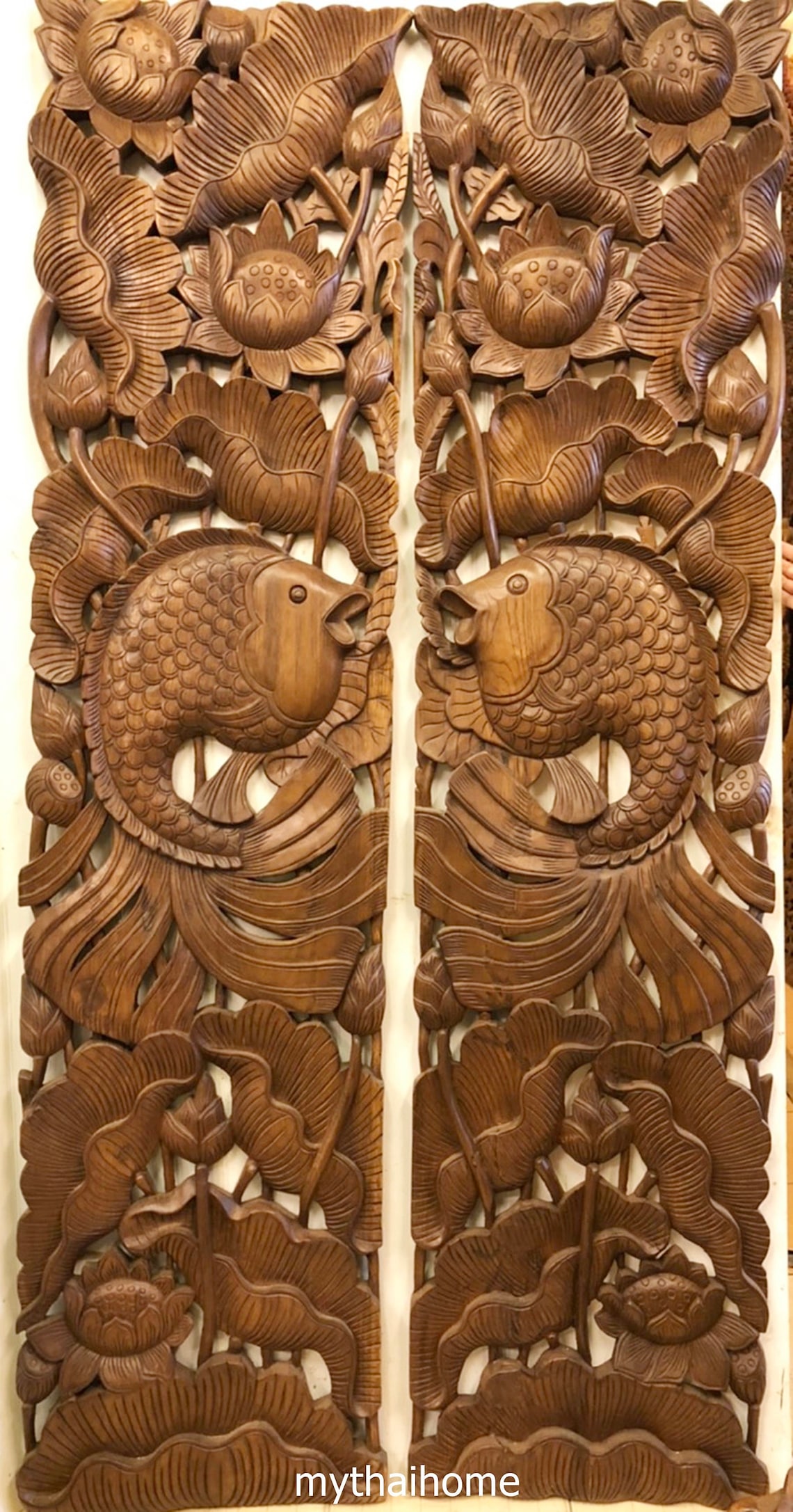 Large Wood Wall Art Hand Carved Fish Lotus Flower Wall Hanging - Etsy