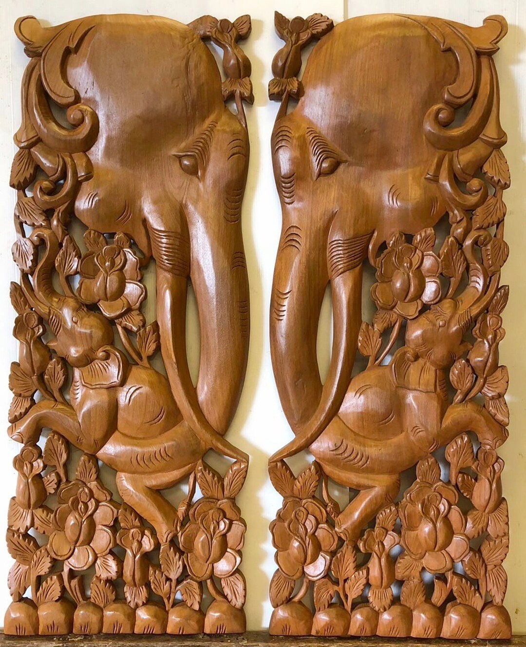 Wood Carved Elephant 2 Panels,wood Carved Roses,teak Elephant Wall Art ...