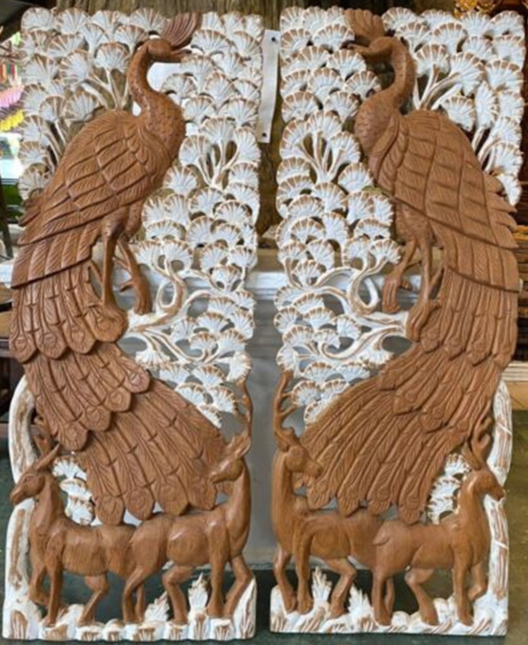 Beautiful Wood Carving Peacock Bird Set of 2, Natural Reclaimed Teak ...