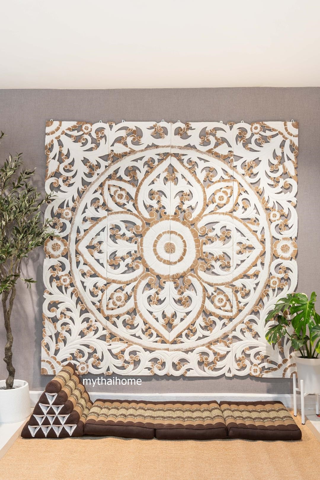 76" Mandala Carved California King Headboard, Large Wooden Flower Wall ...