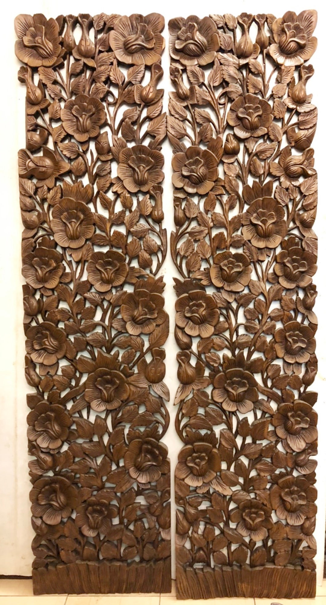 Coppia da appendere alla parete grande fiore intagliato in legno rosa ...