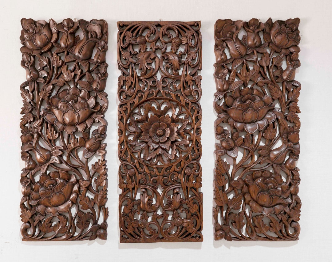 Buy 3 Panels Carved Wood Wall Art Natural Teak Hand Craft Wall Hanging ...