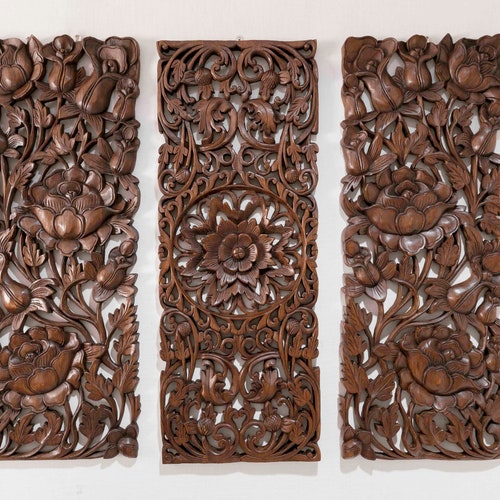 Pair Large Wooden Carved Flower Roses Wood Panel Wall Decor - Etsy
