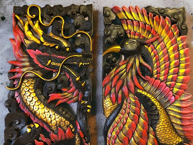 Large Dragon Phoenix Wood Carving Wall Hanging Teak Natural Wood Carved ...