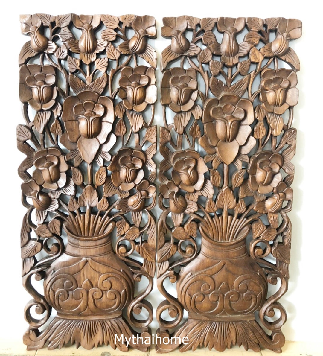 Wood Carved Roses Panel, Reclaimed Solid Teak Wood Panel, Carved Wood ...