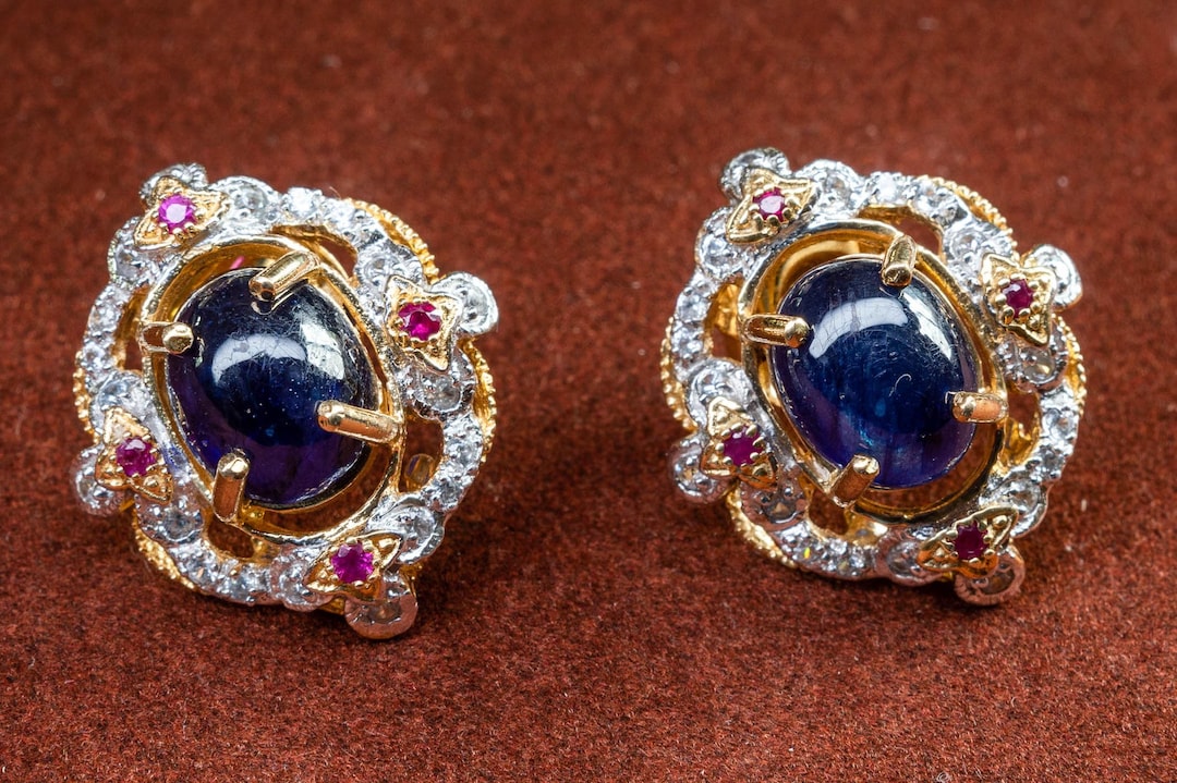 Large Blue Sapphire Burmese Ruby White Zircon Stud Earrings, Sterling ...