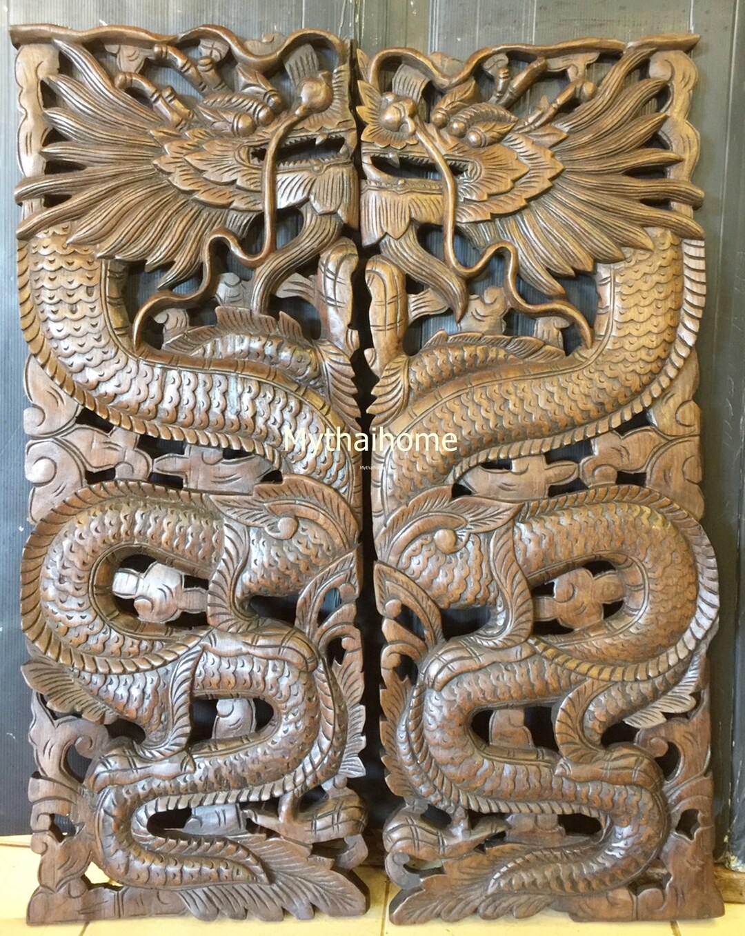 Pair Dragon Wood Carving Wall Art Hanging Teak Natural Wood - Etsy