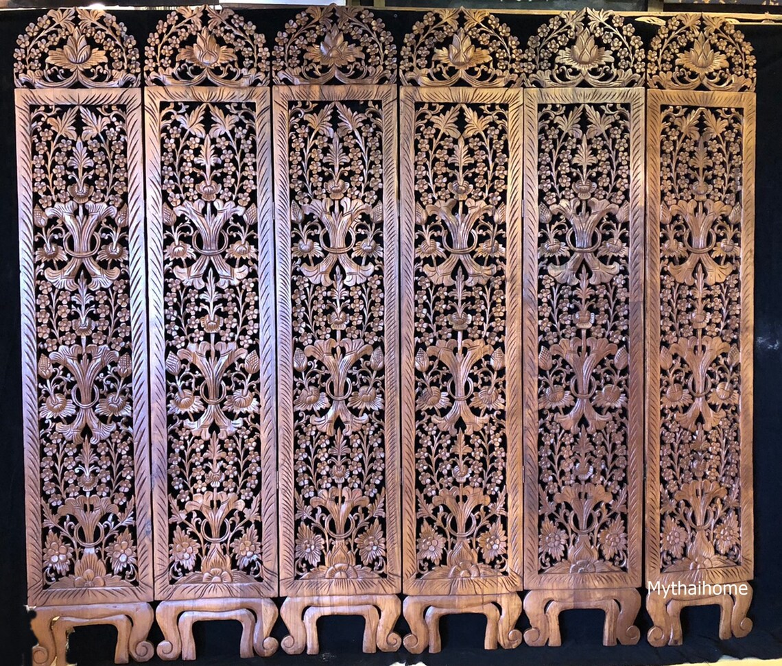 Boho Room Divider Flower Folding Screen Panels Carved Teak | Etsy