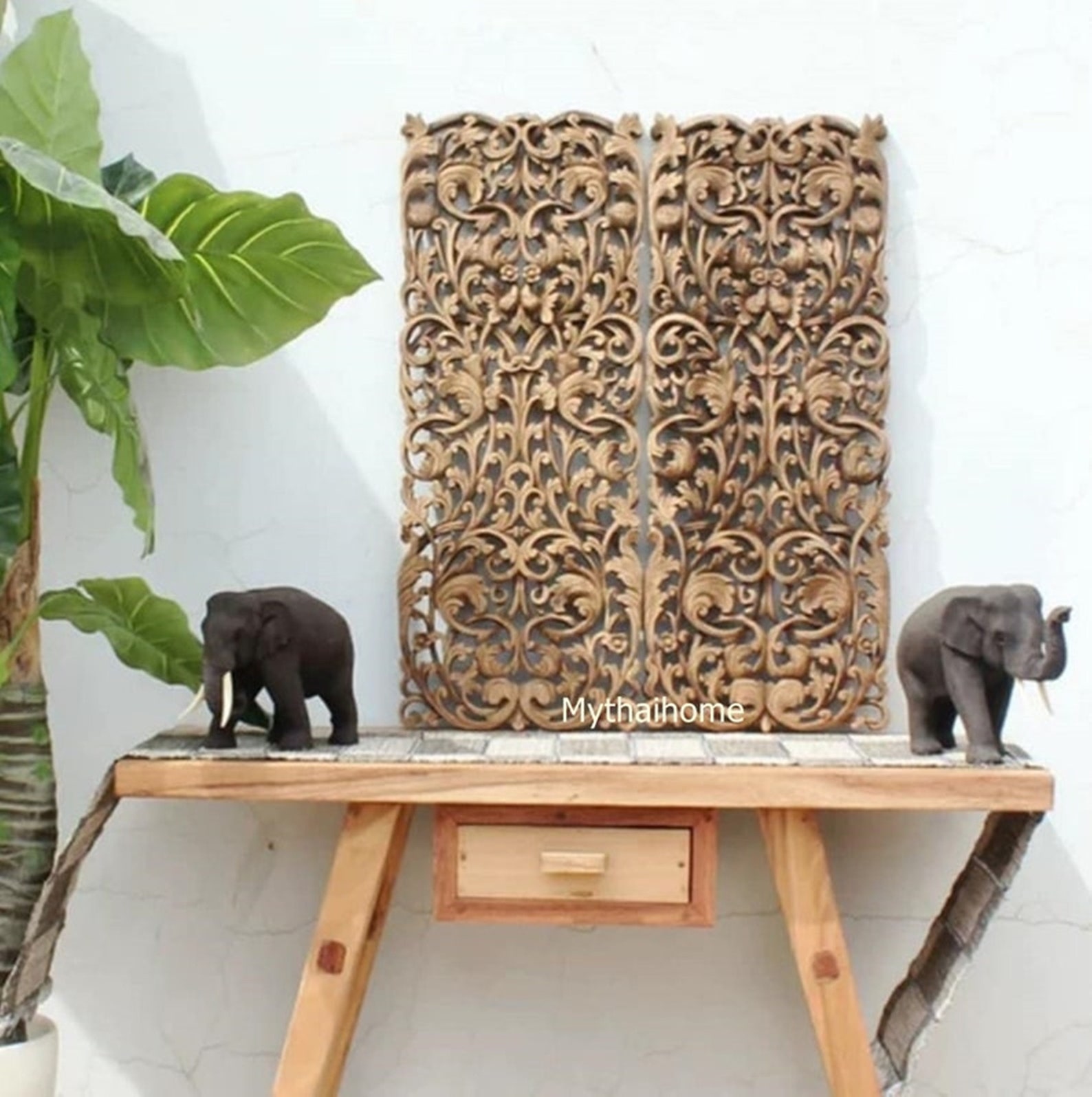 White Wood Wall Art Panel Lotus Flower Carved Teak Wall Art Hanging ...