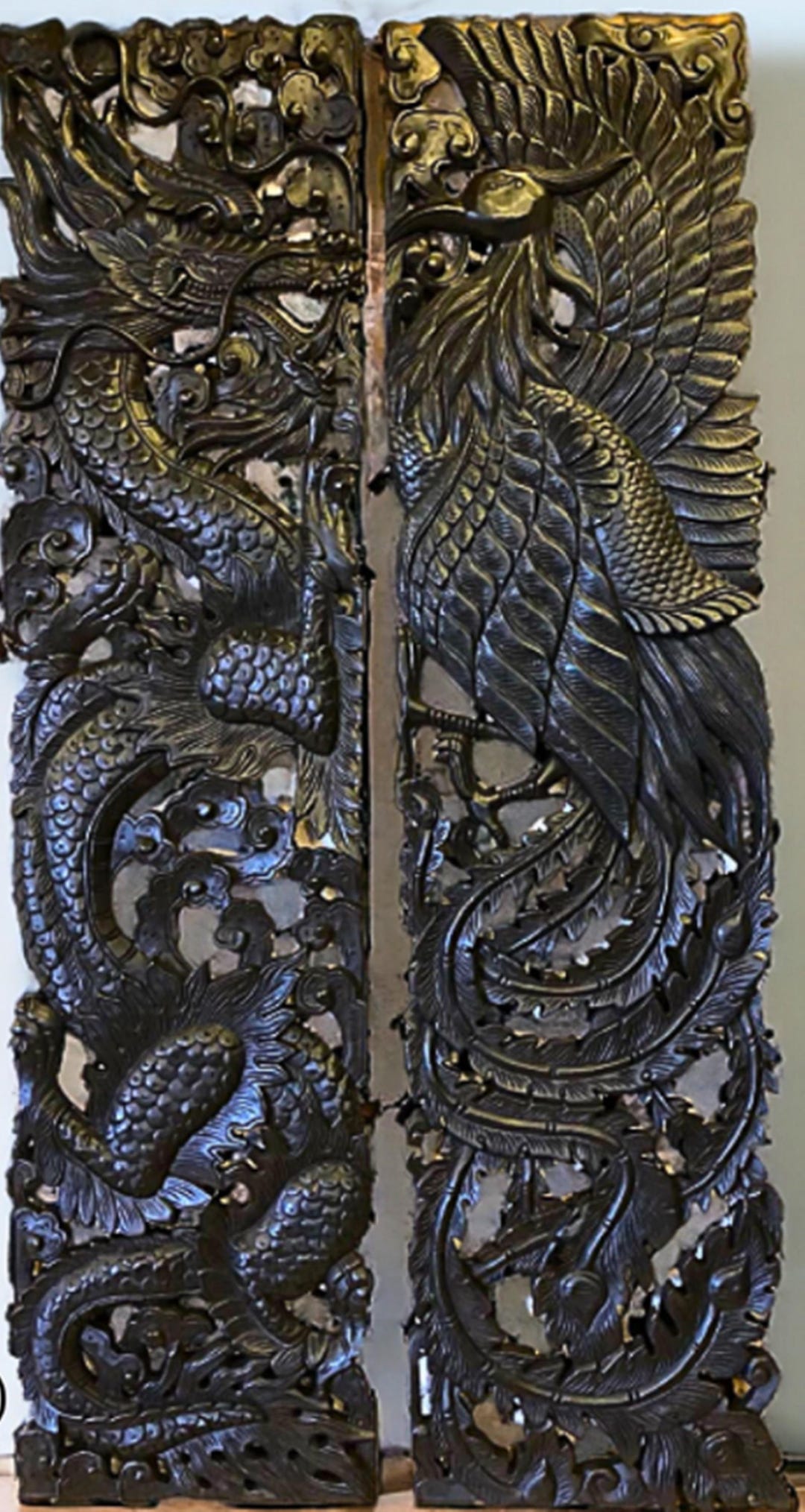 Wood Carved Dragon Phoenix Panel Pair, Large Chinese Dragon Phoenix ...