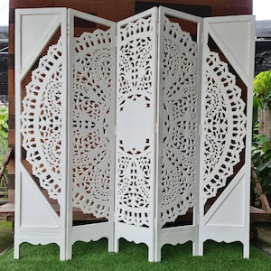 Boho Room Divider Mandala Carved Wood Wall Art Folding Screen Panels ...