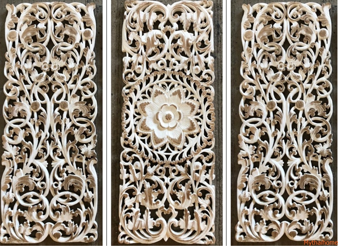 Set of White Wash Mandala Wood Carving Panels 36" X 14" Wall Art ...