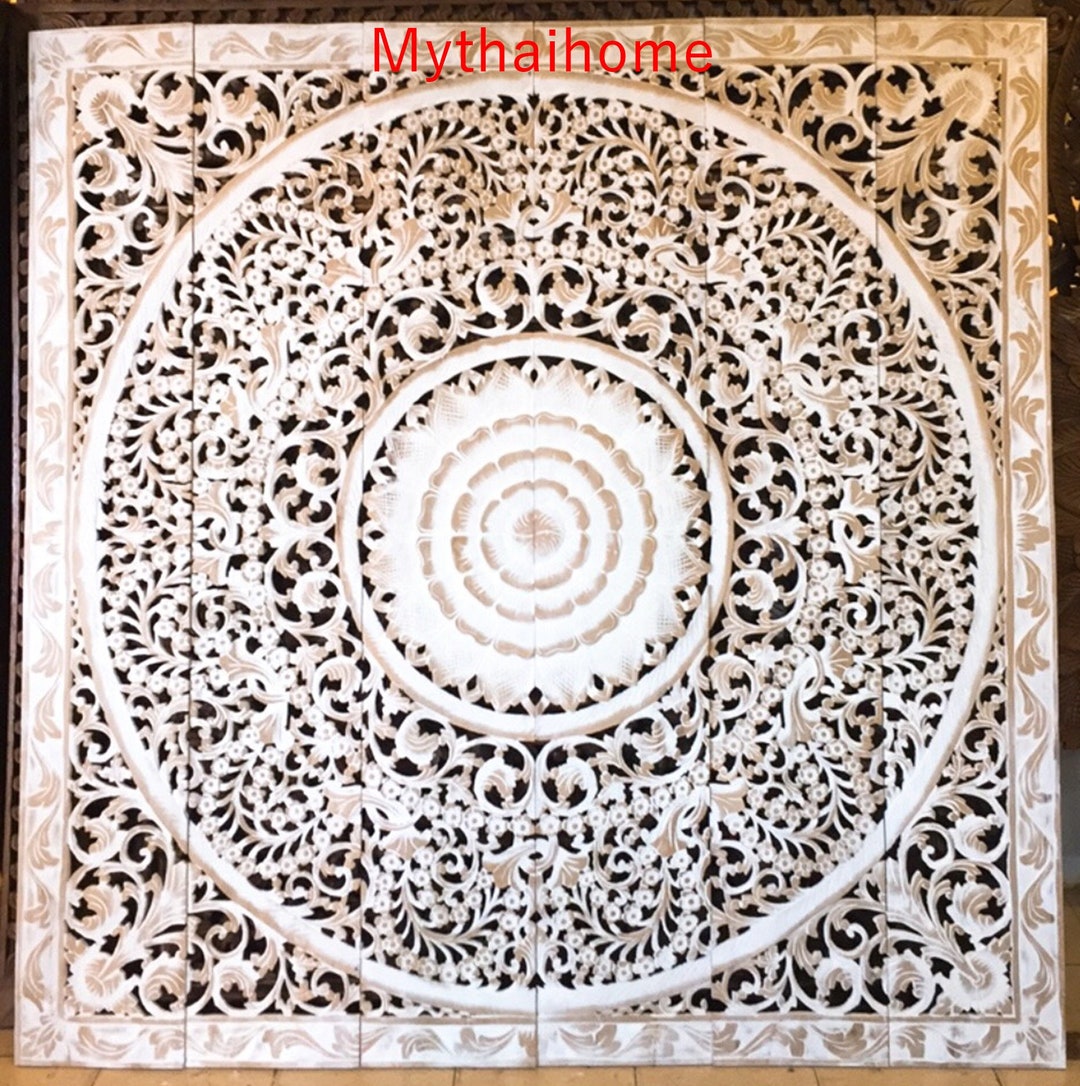 White Washed Teak Wood King Bed Headboard 72" 6ft Lotus Flower Mandala ...