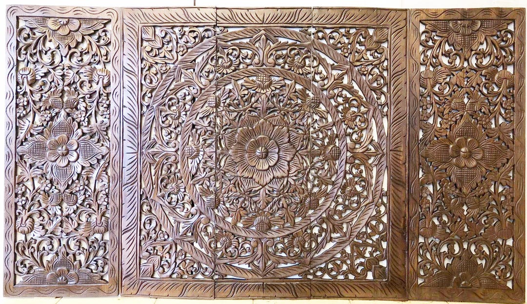Mandala Wood Carving Panels 36 X 64 Inches Lotus Wooden Panel Wall Art ...