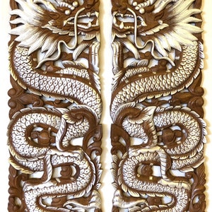 Pair Dragon Wood Carving Wall Art Hanging Teak Natural Wood Carved ...