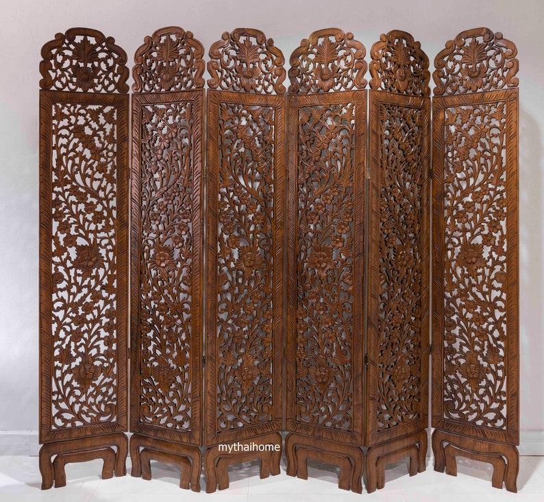 Carved Wood Room Divider Free Standing Folding Screen Floral - Etsy