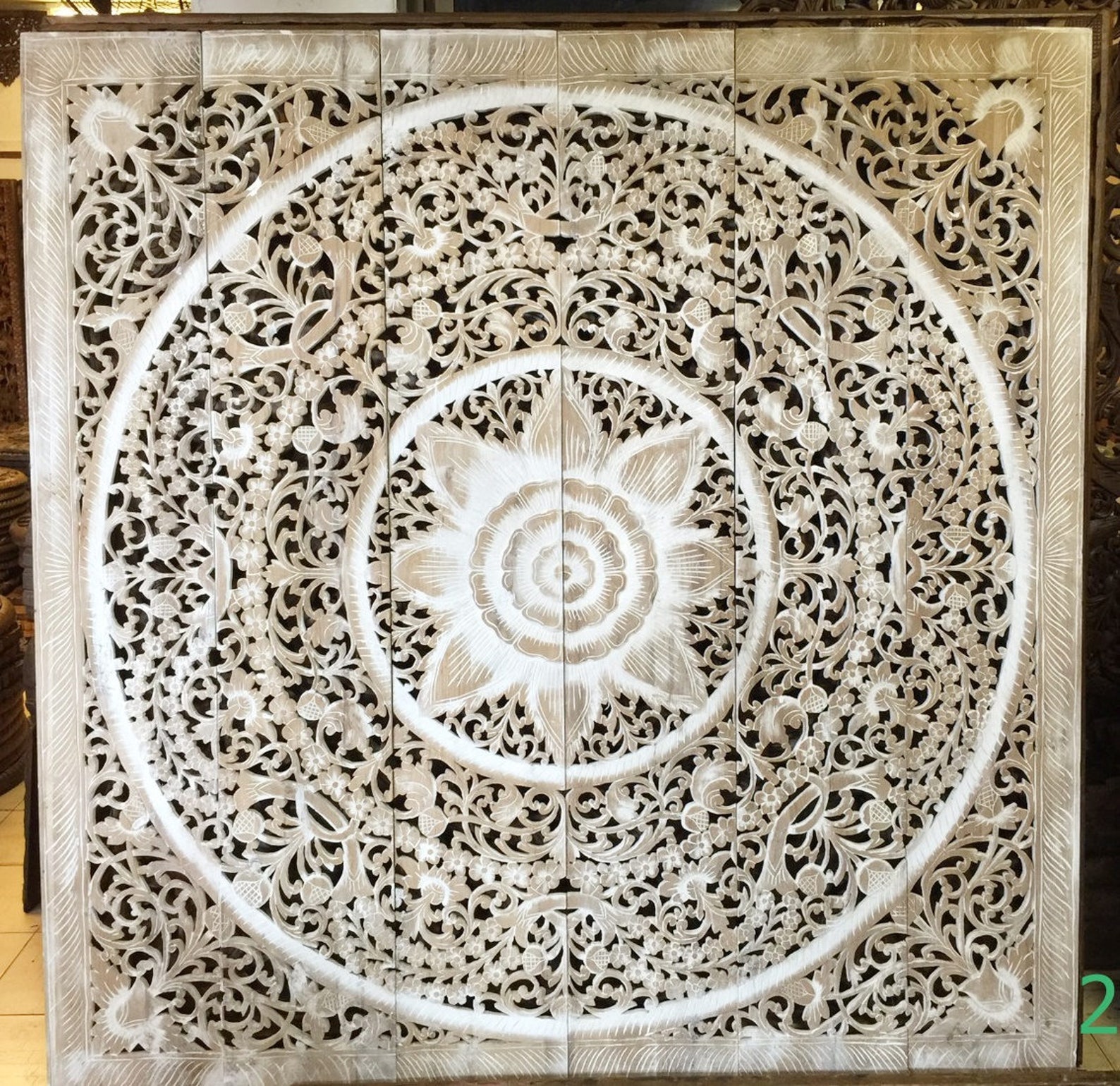 White Washed Teak Wood King Bed Headboard 72" 6ft Lotus Flower Mandala ...
