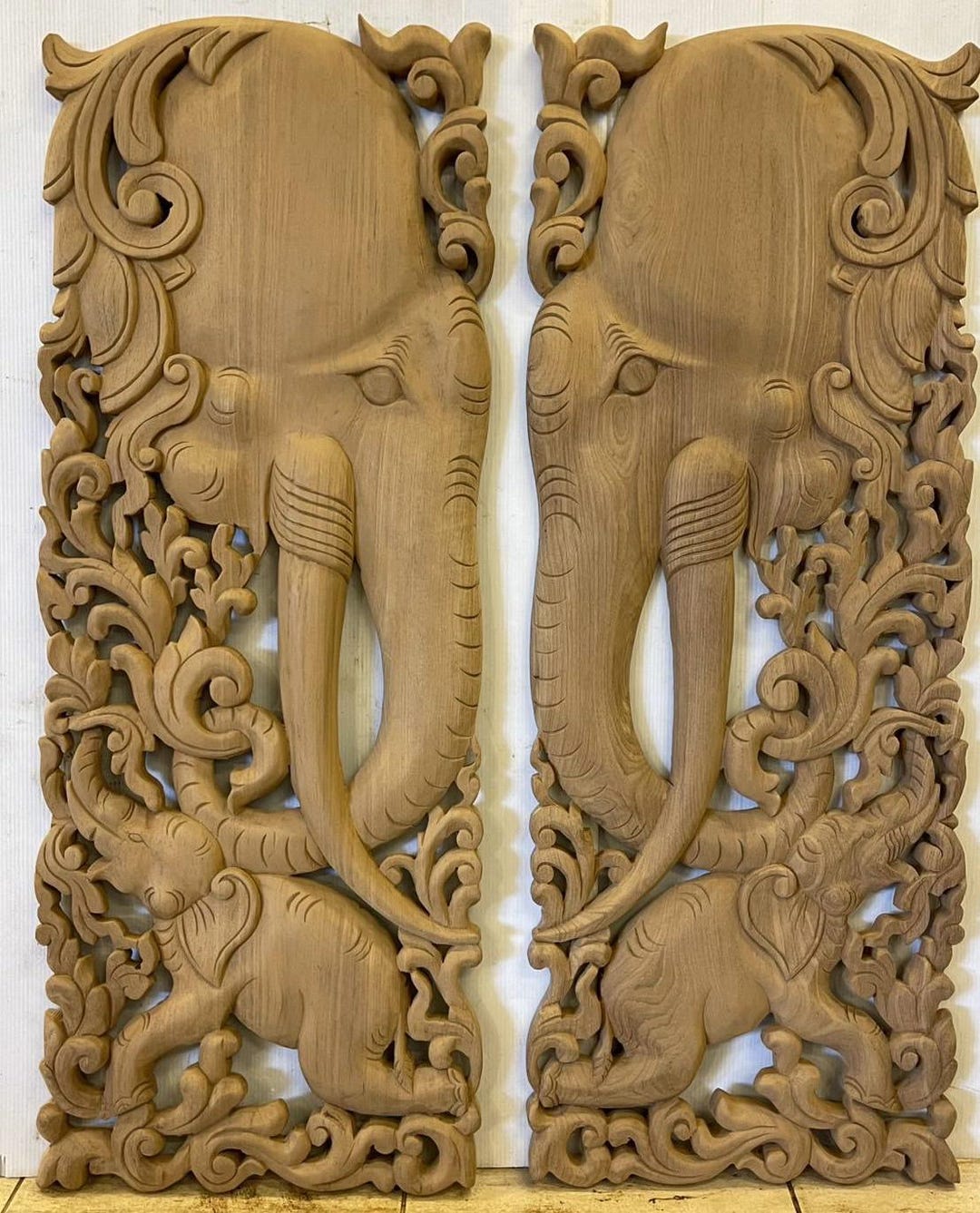 Elephant Wood Carving Panels, Carved Wood Elephant Panel 2 Pc, Natural ...