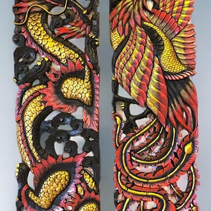 Wood Carved Dragon Phoenix Panel Pair, Large Chinese Dragon Phoenix ...