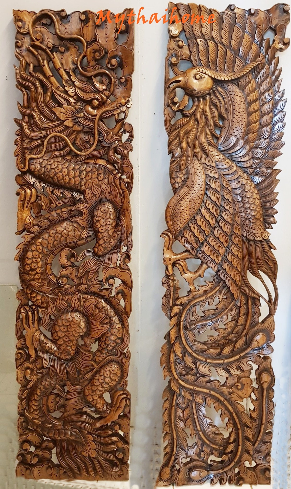 Dragon Wood Carving Wall Hanging Thai Teak Wall Art Panel Dragon Headboard Wood Phoenix Large Hand Carved Wooden Sculpture Fantasy Furniture Etsy UK