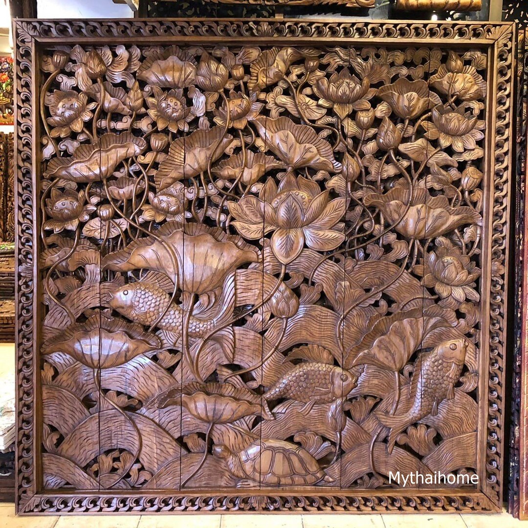 Carved Wood Fish Lotus, Large Tree of Life Wood Carving, Fish Headboard ...