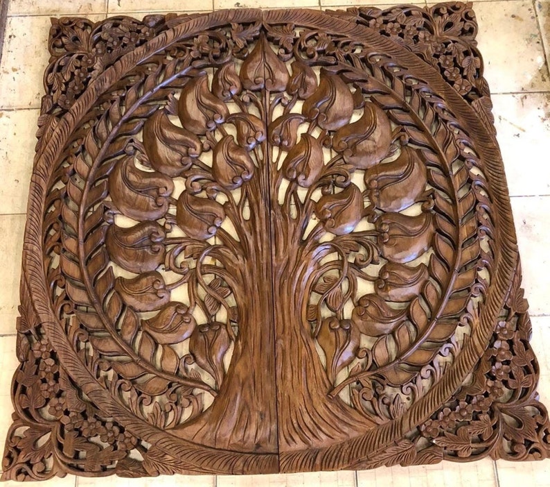 Carved Wood Tree Bodhi Tree of Life Lotus Flower Wooden Large - Etsy