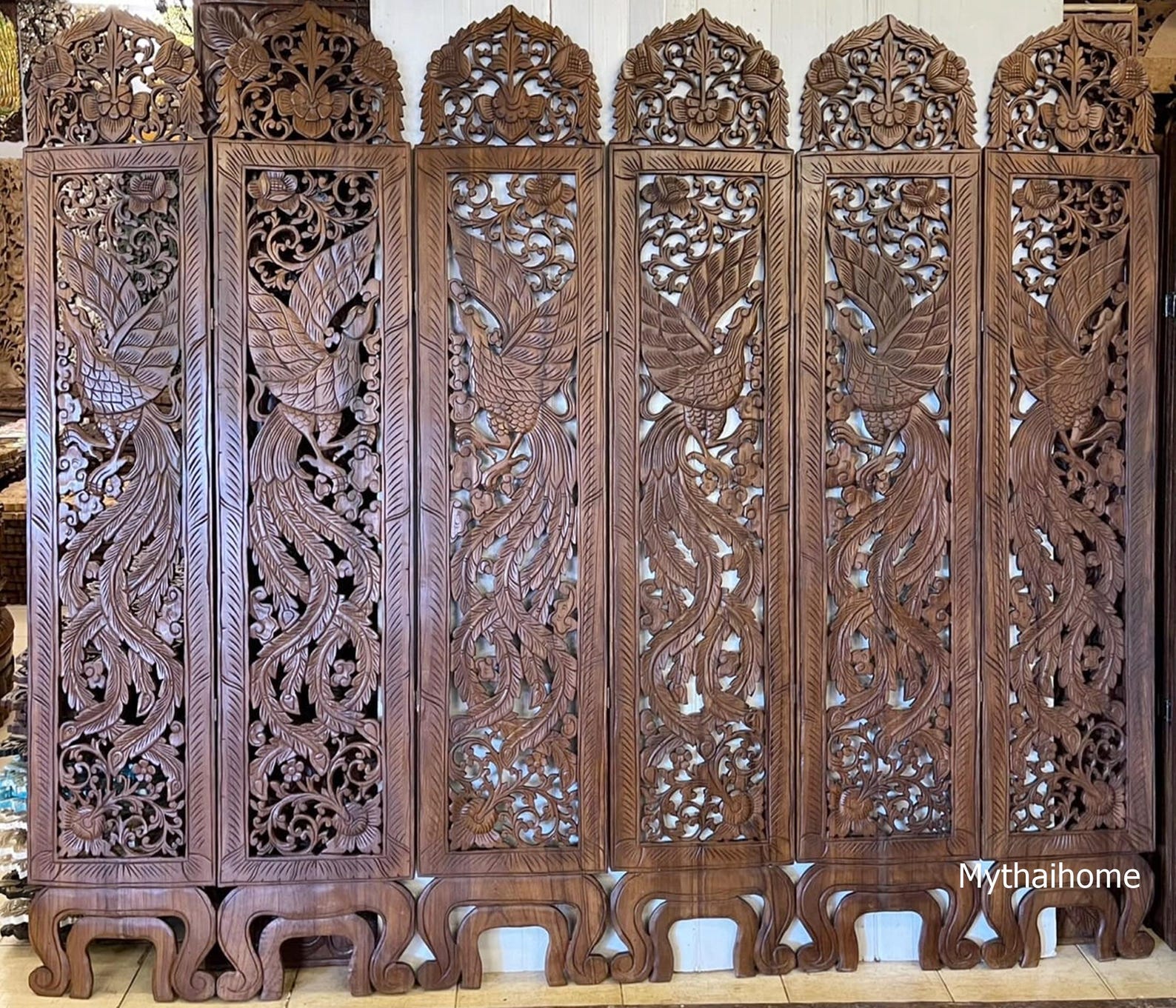 Carved Wood Room Divider Bird Phoenix Free Standing Folding Screen ...