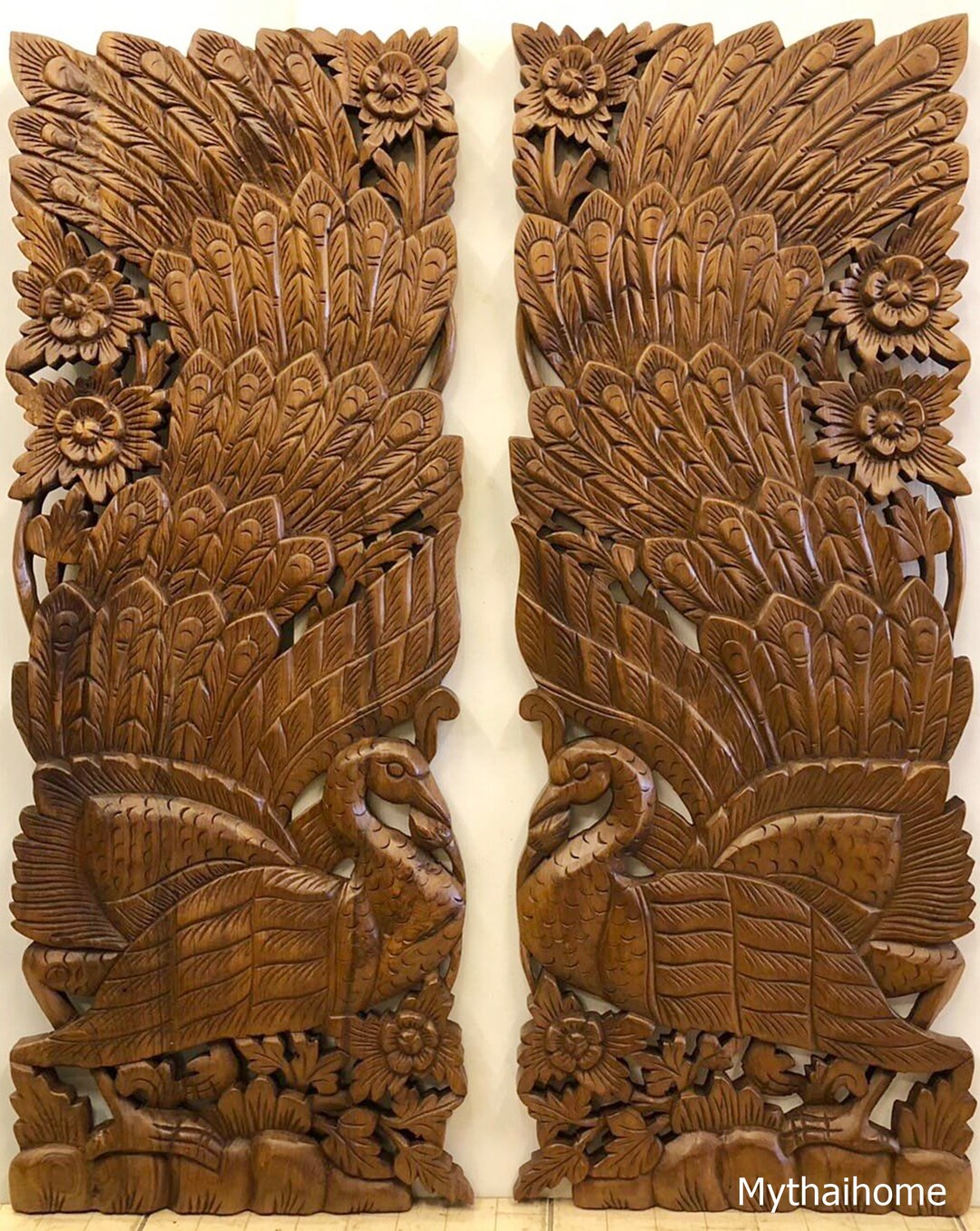 2 Pcs Peacock Wood Carving Panel 14 X 36 Inches, Animal Wood Carved ...