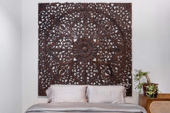 Large Wood Carving Panel 180cm Wood Carved Plaque Balinese Brown Mandala Headboard Teak Carved Wood Wall Art Hanging King Size Headboard
