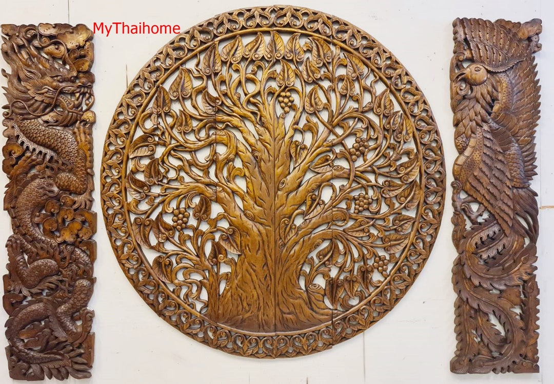 Wooden Sculpture California King Headboard Dragon Wood Animals Phoenix ...