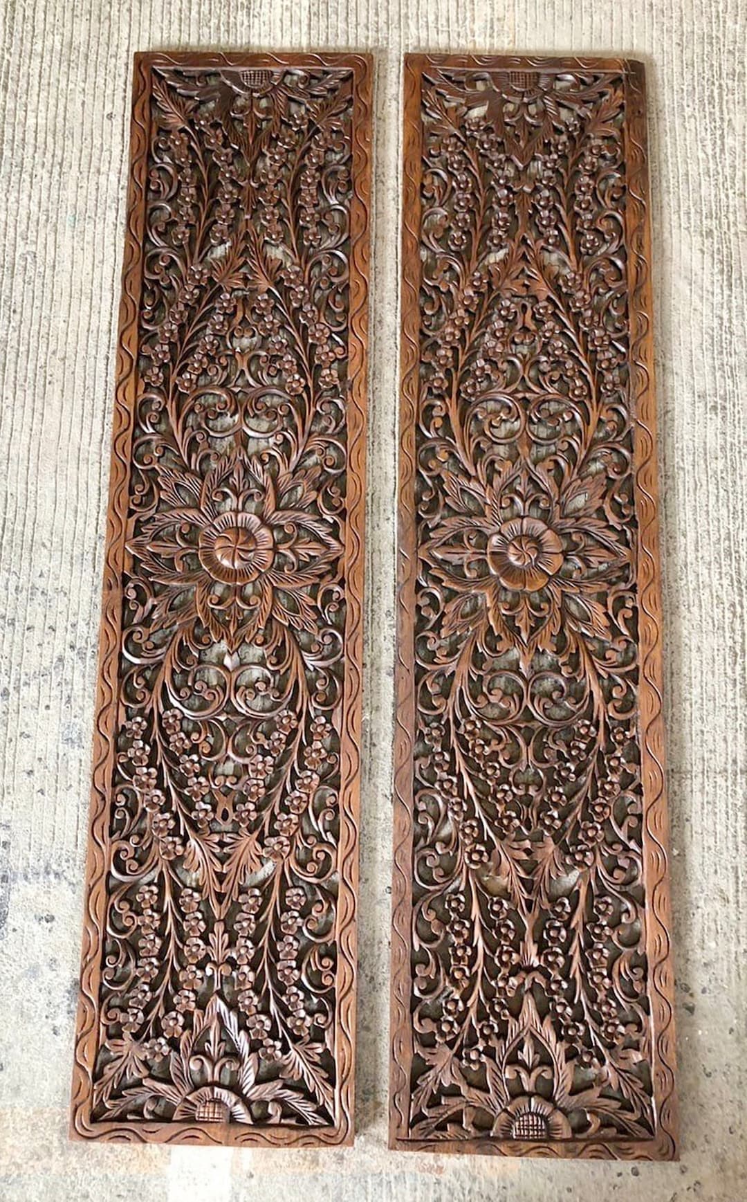 Carved Wooden Panel, Carved Wood Wall Hanging 2 Panels, Wooden White ...